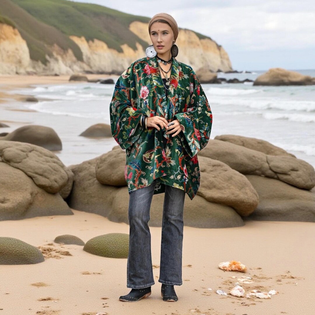The Mei Velvet Kimono – Emerald Floral Duster – Plus Size Luxury - Etsy