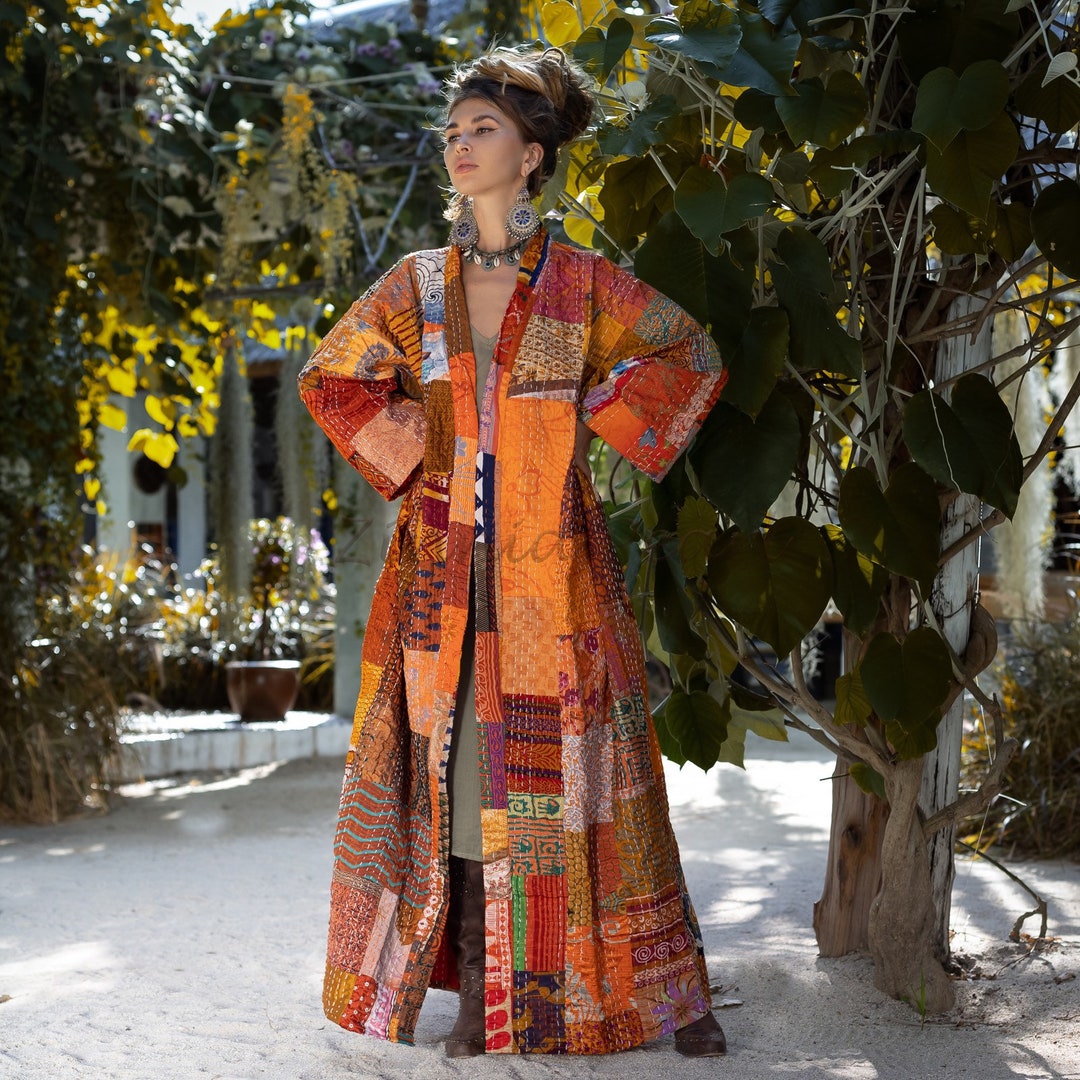 Akari Vibrant Silk Kimono Colorful Patchwork Duster Coat Abaya - Etsy