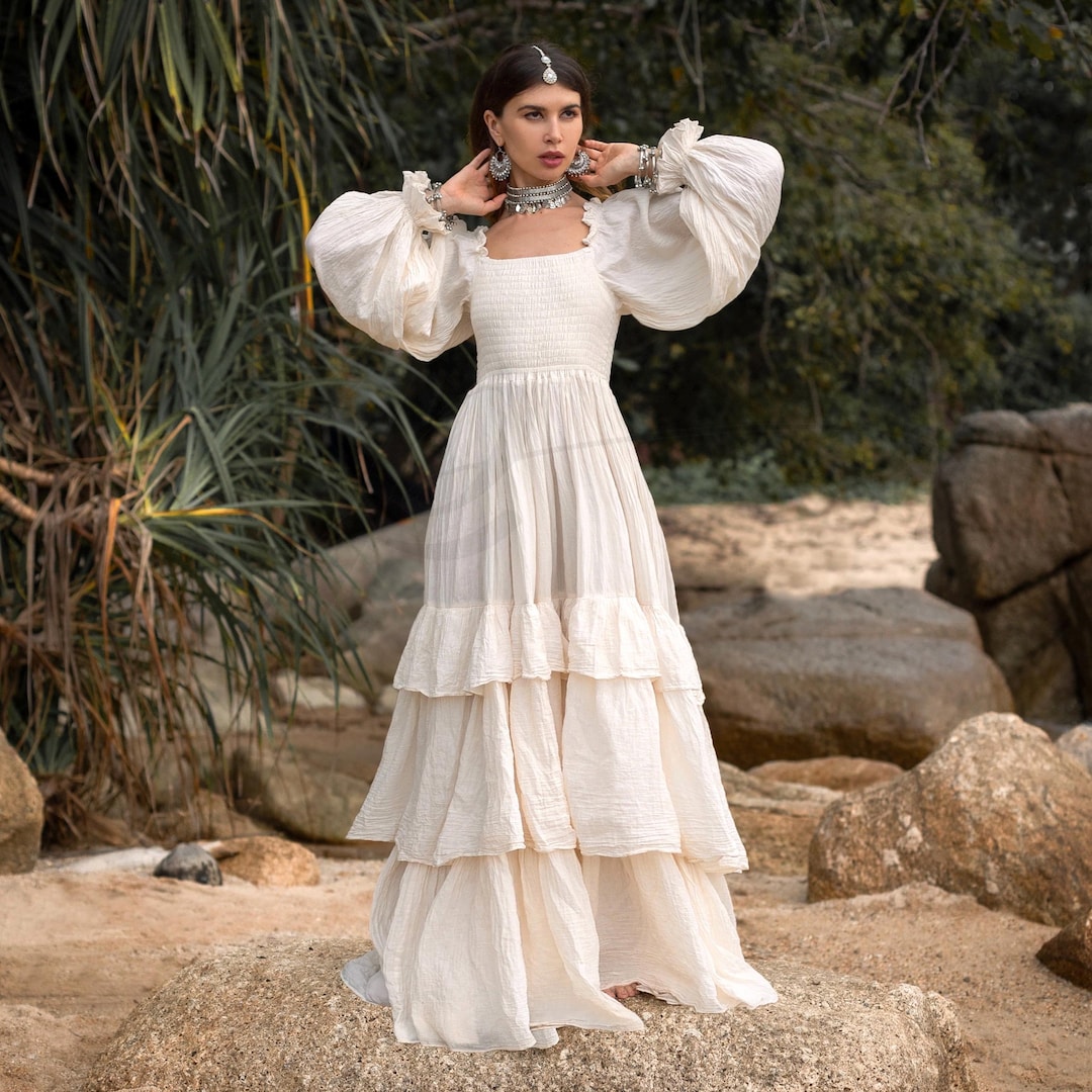 Raw Cotton Boho Wedding Dress: Open Back Tiered Maxi Gown - Stella ...