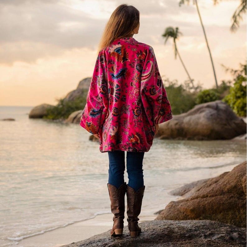 Boho Velvet Kimono Duster – Mei in Wild Fuchsia Floral | Plus Size ...