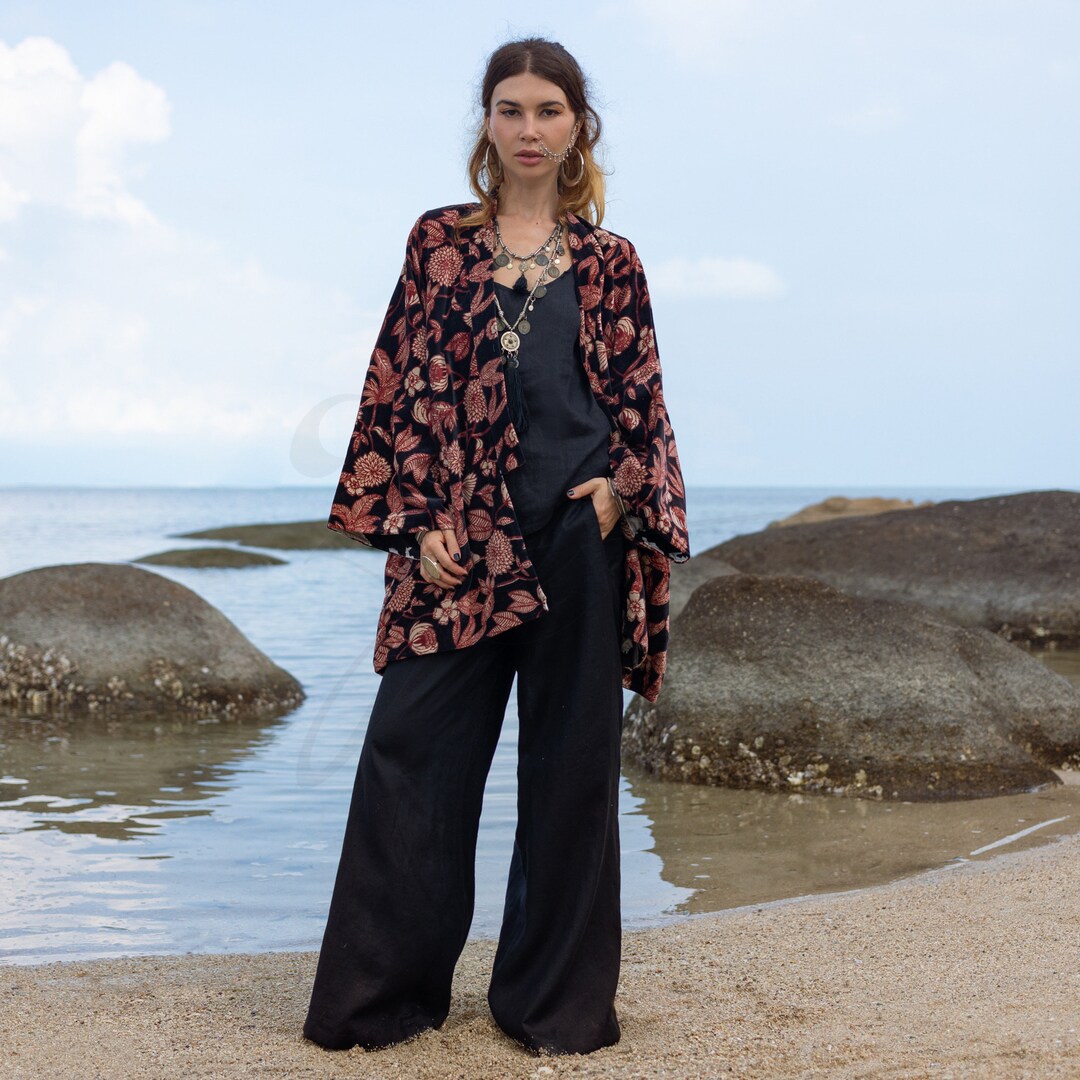 Garnet Rose Velvet Kimono Robe: Boho Floral Cotton Jacket - Mei - Etsy
