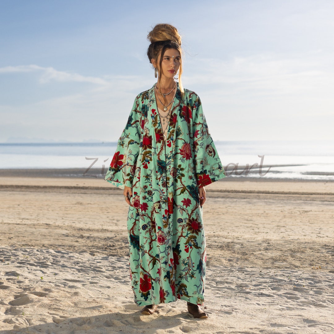Floral Cotton Velvet Kimono: Maxi Boho Duster Coat- MAI - Etsy