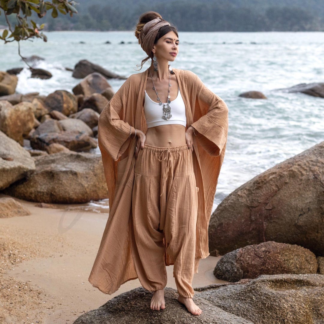 Boho Cotton Kimono Robe & Harem Pants Set - Copper Dusk Willow - Etsy