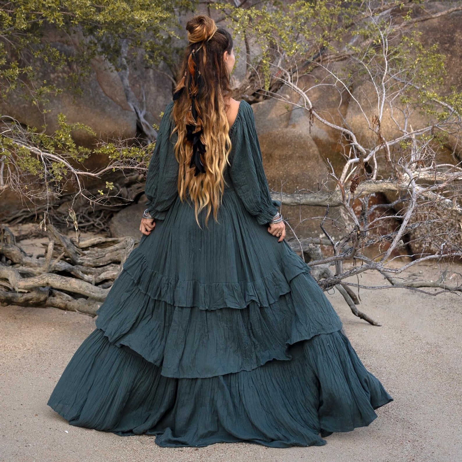 Isabella Amore Boho Wedding Dress: Tiered Cotton Gown, Woodland Jade - Etsy