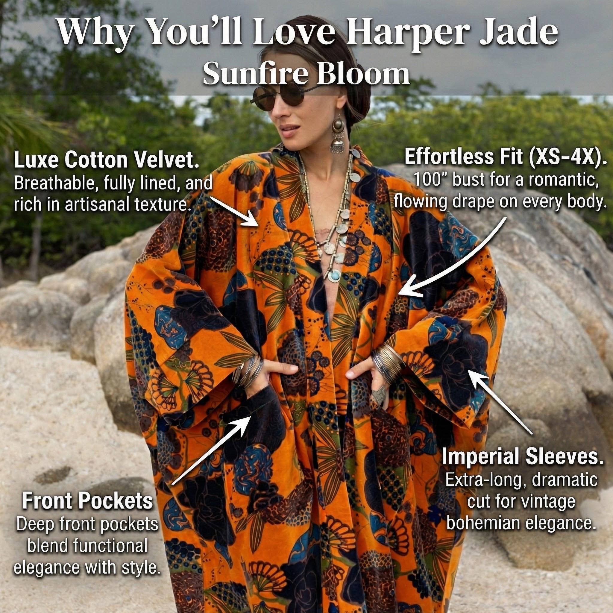 Plus Size Velvet Kimono Duster – Sunfire Bloom Floral Boho Robe ...