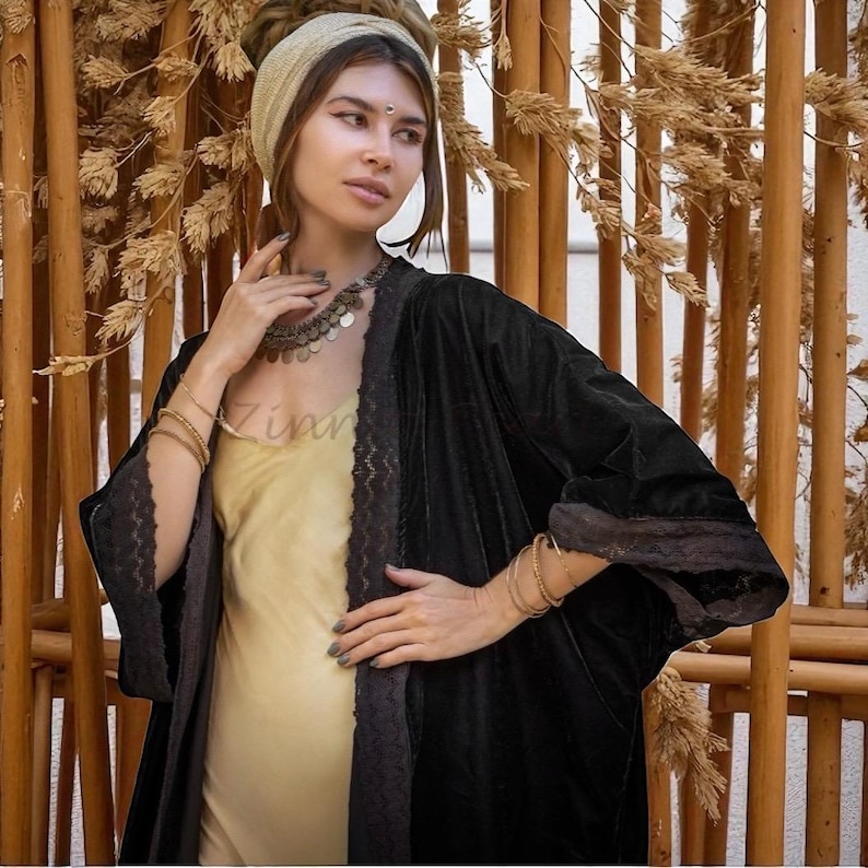 Handmade Onyx Noire Velvet Duster – Lace Trim Kimono Coat | Misty - Etsy