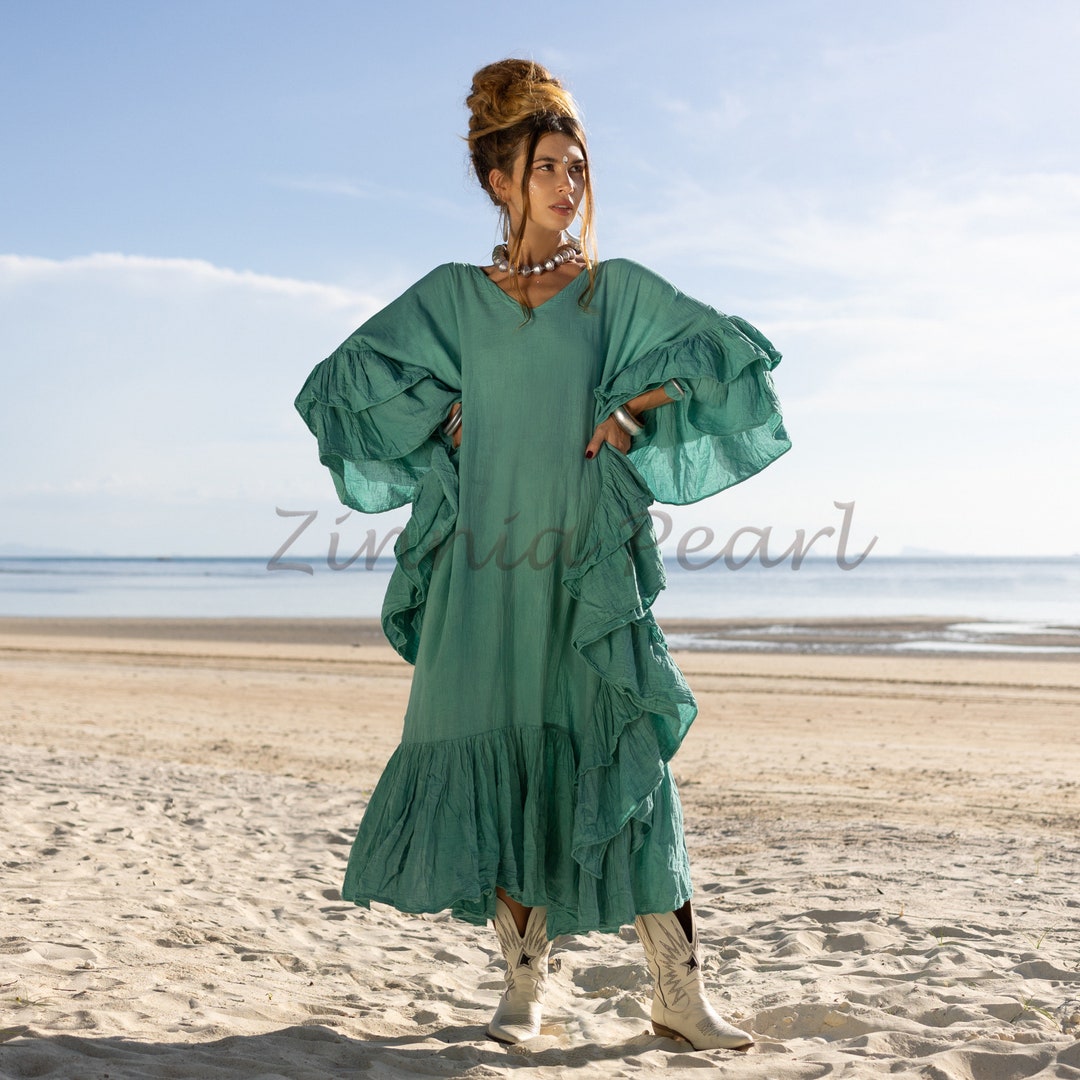 Handmade Ruffled Cotton Kaftan Dress: Bohemian V-neck Maxi Gown - Wild ...