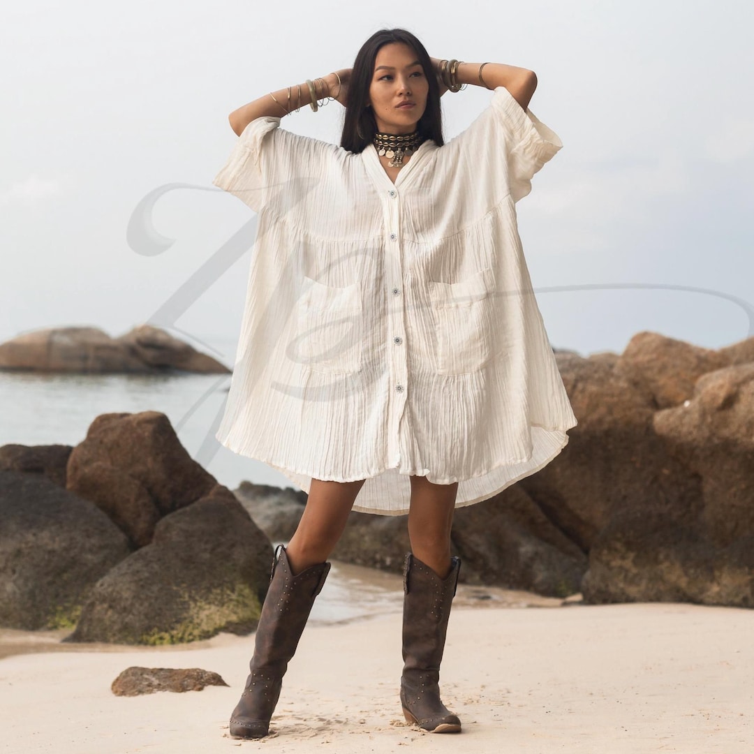 Plus Size Crinkle Cotton Kaftan Dress – Boho Tunic With Pockets ...