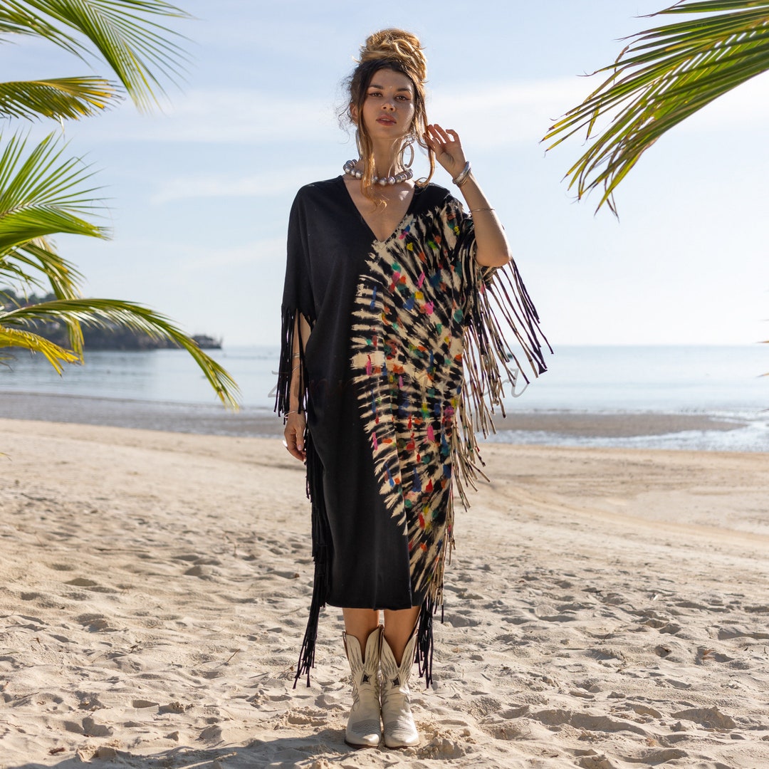 Handmade Tie-dye Fringe Tunic Dress: Boho Cotton Kaftan - Esme - Etsy