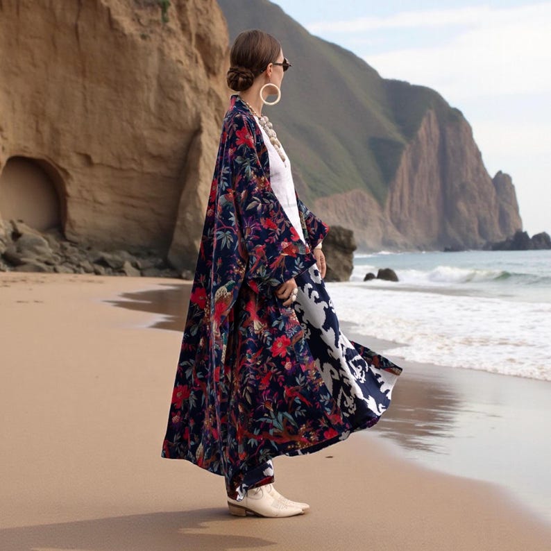 Plus Size Velvet Kimono, Long Boho Floral Duster, Midnight Nightingale ...