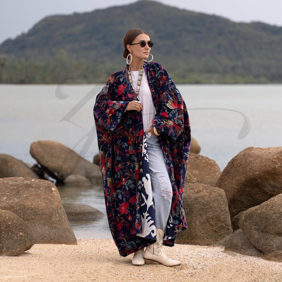 Plus Size Velvet Kimono, Long Boho Floral Duster, Midnight Nightingale ...