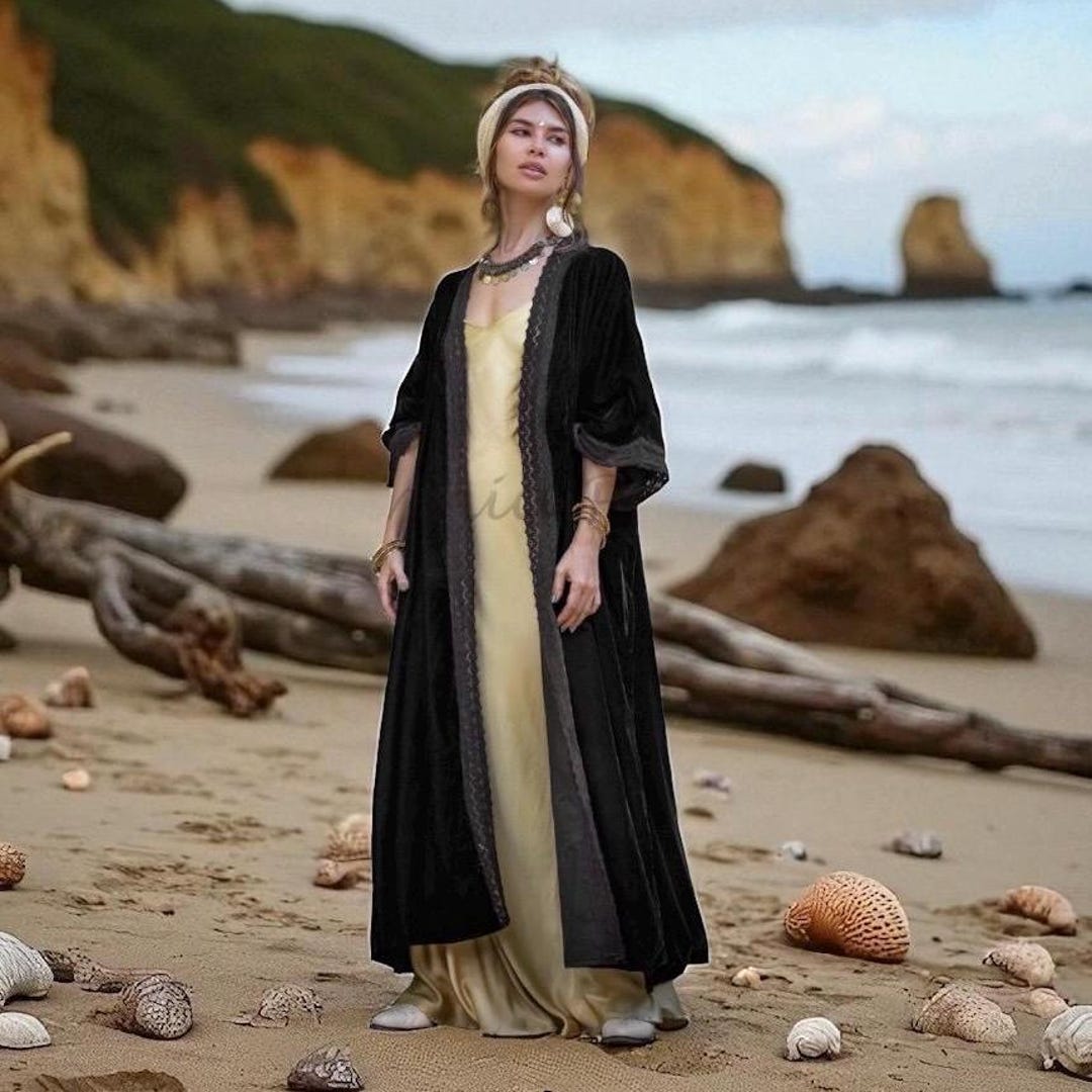Handmade Onyx Noire Velvet Duster – Lace Trim Kimono Coat | Misty - Etsy