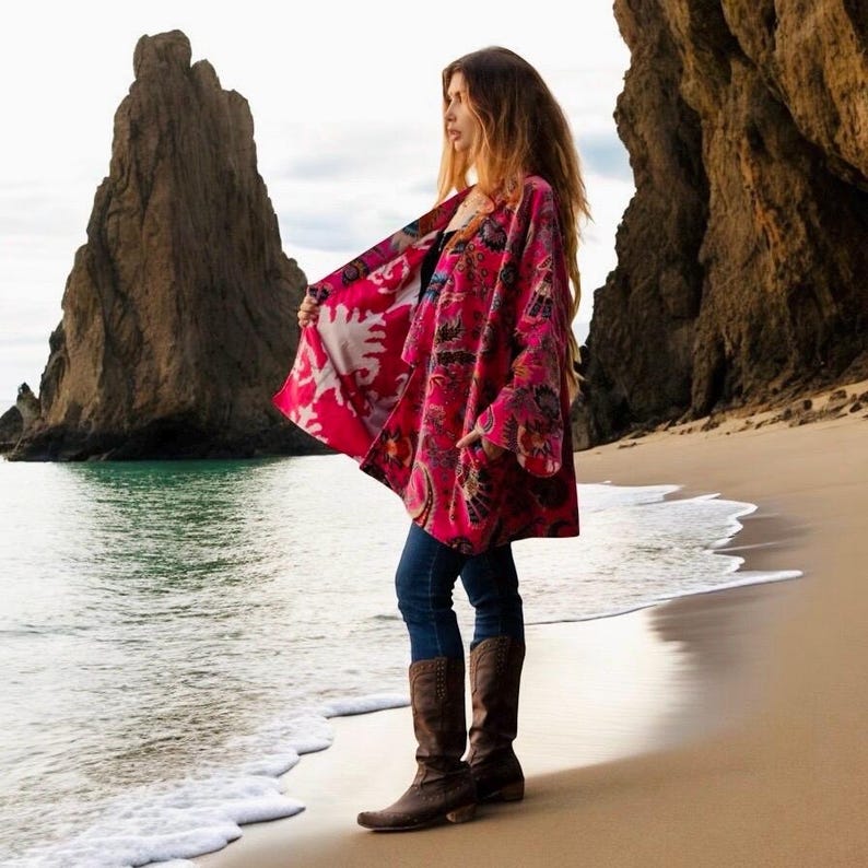 Boho Velvet Kimono Duster – Mei in Wild Fuchsia Floral | Plus Size ...