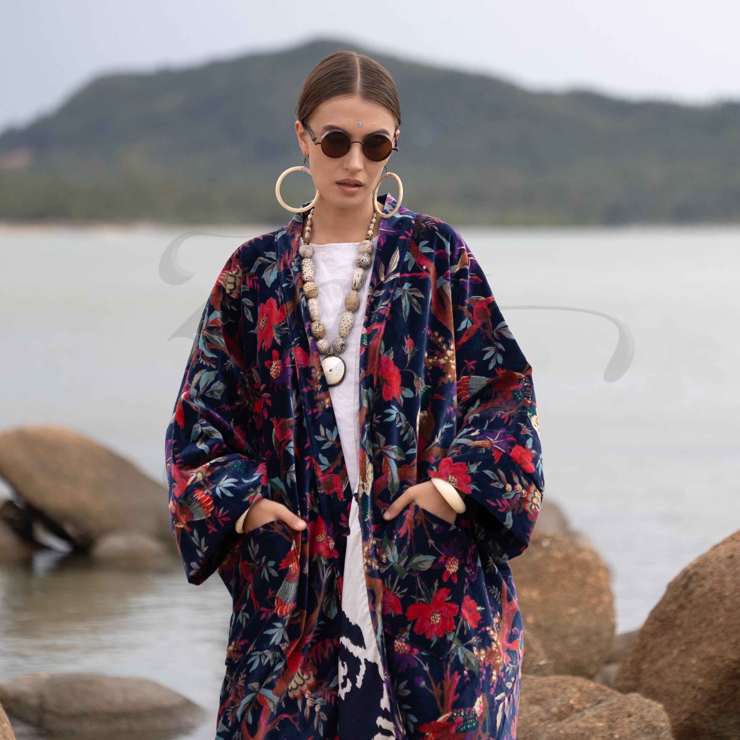 Plus Size Velvet Kimono, Long Boho Floral Duster, Midnight Nightingale ...