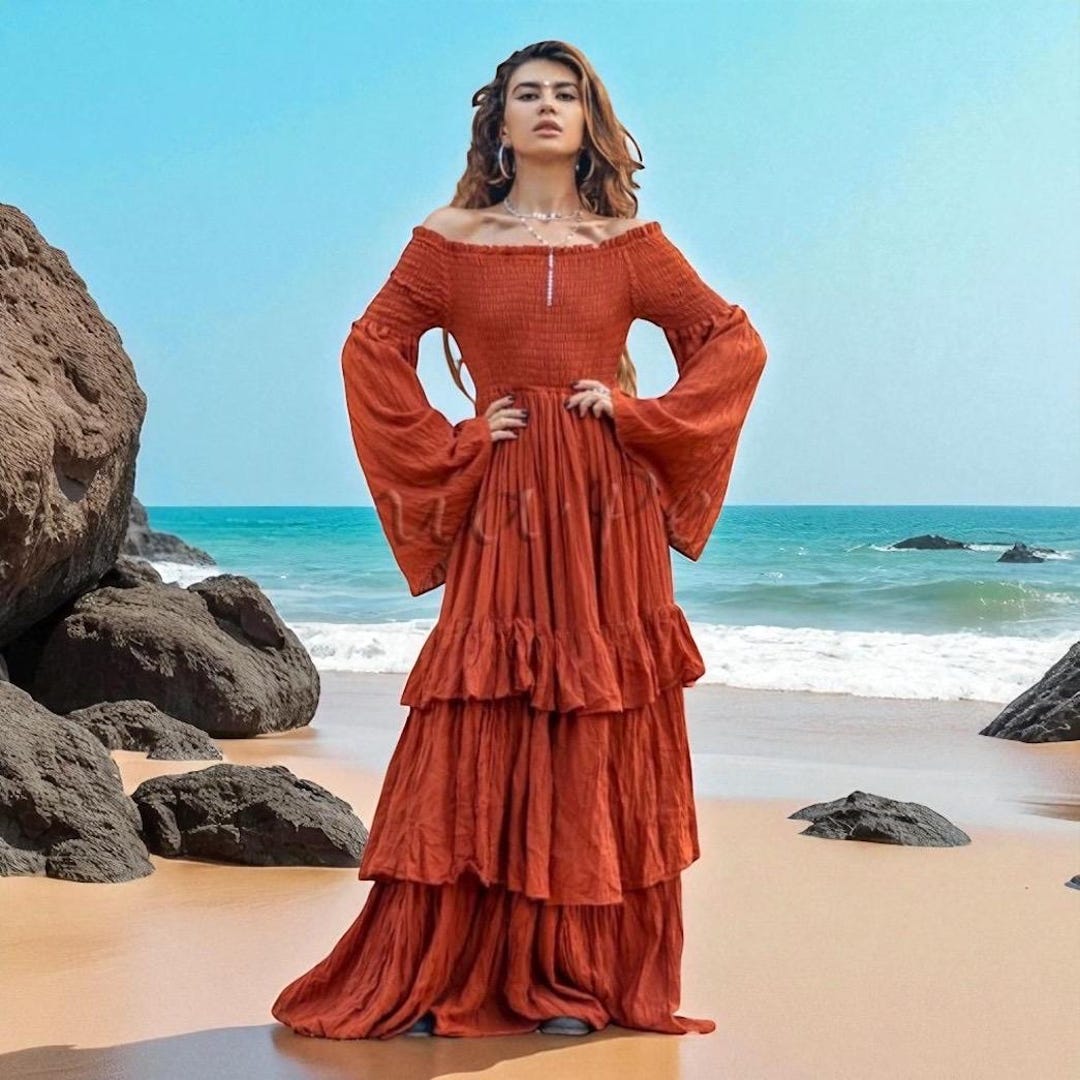 Off-shoulder Boho Wedding Dress – Ruffled Tiered Cotton Maxi | Lucia ...