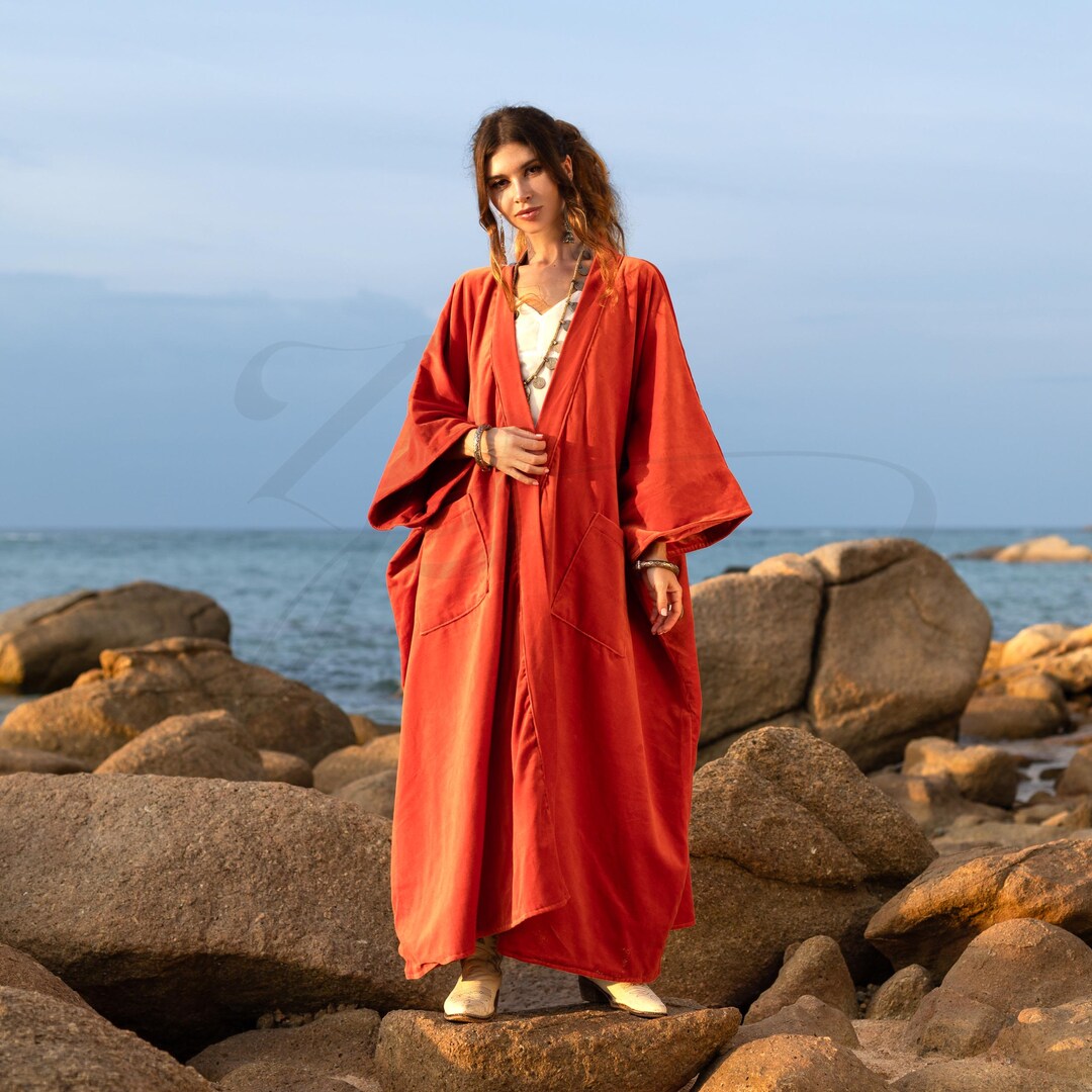 Plus Size Velvet Kimono Duster: Fiery Ochre Boho Robe With Pockets ...