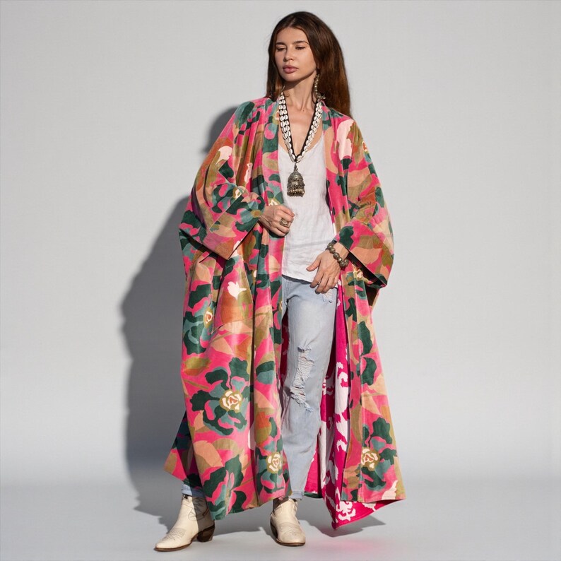 Plus Size Velvet Duster Coat – Luxury Boho Floral Cotton Velvet Maxi ...