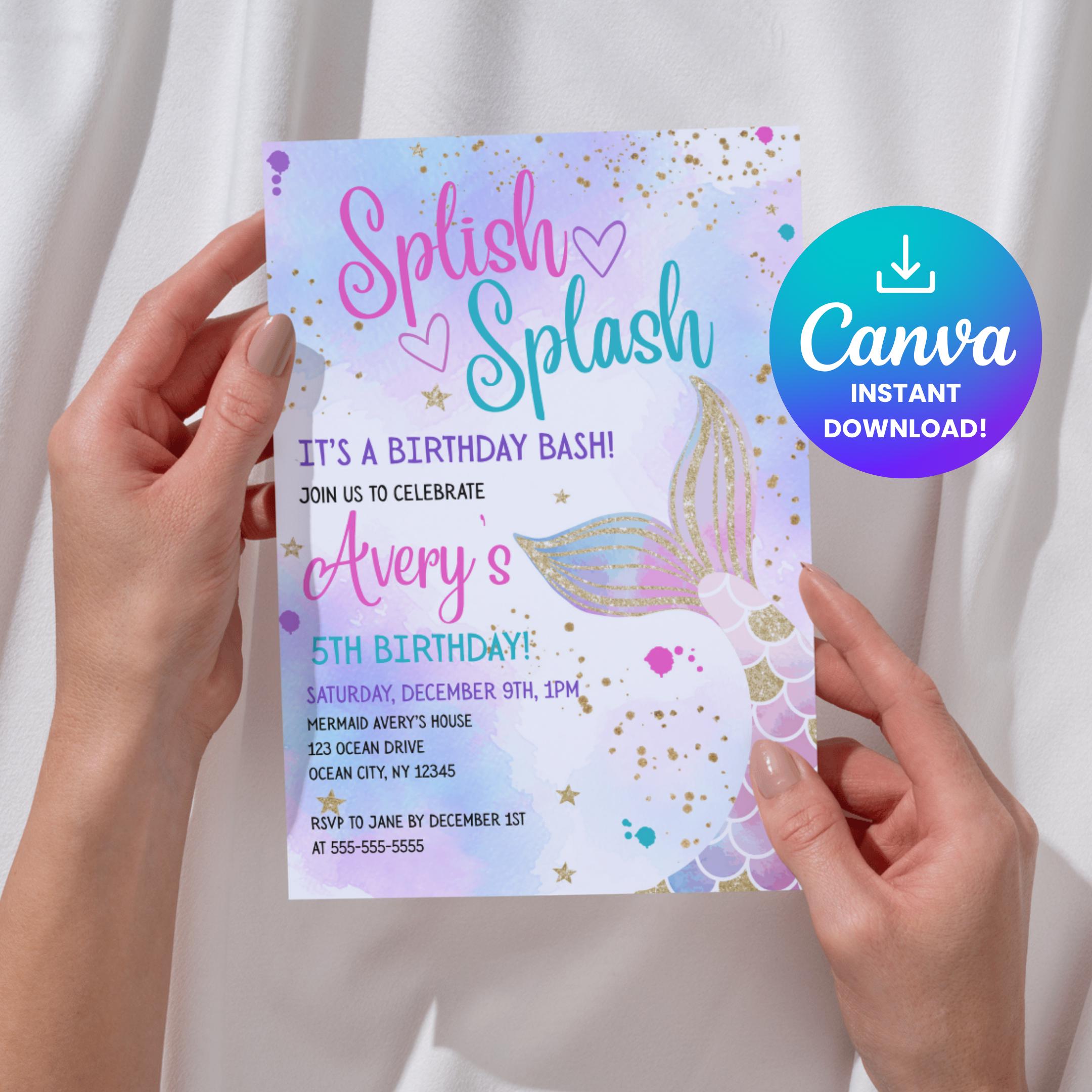 Editable Splish Splash Mermaid Birthday Invitation Template, Girls ...