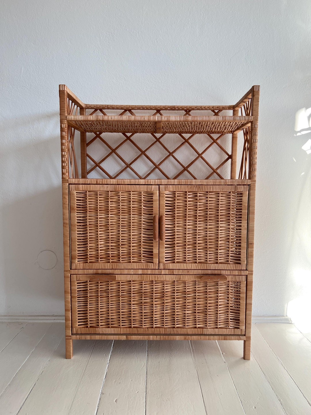 Wicker Shoe Cabinet Storage Shelf Boho Rattan Storage Cupboard With ...