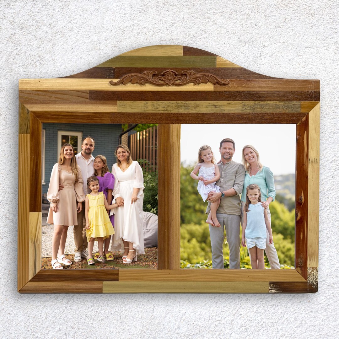 Rustic Wood Hand-made Double Photo Frame Wall Decor With Top Decoration ...