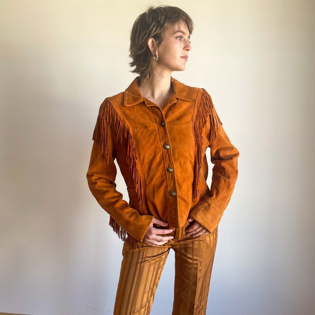 70s Suede Jacket Western Fringe Button Jacket Burnt Orange Leather Coat ...
