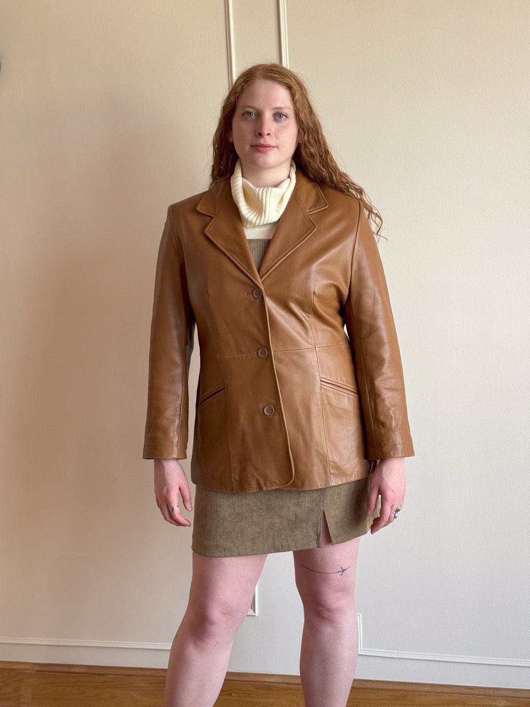 90s Buttery Tan Leather Blazer Jacket / Caramel Light Brown Collared Leather Jacket by Nordstrom ...