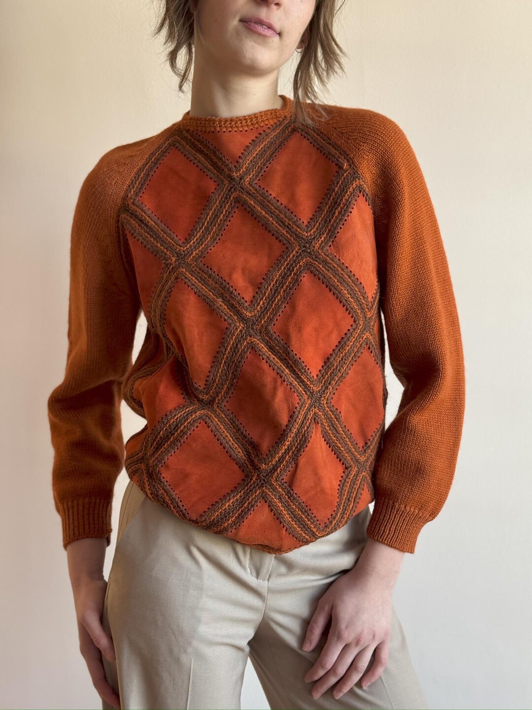 60s 70s Orange Italian Wool & Suede Patchwork Sweater Pullover Boho ...