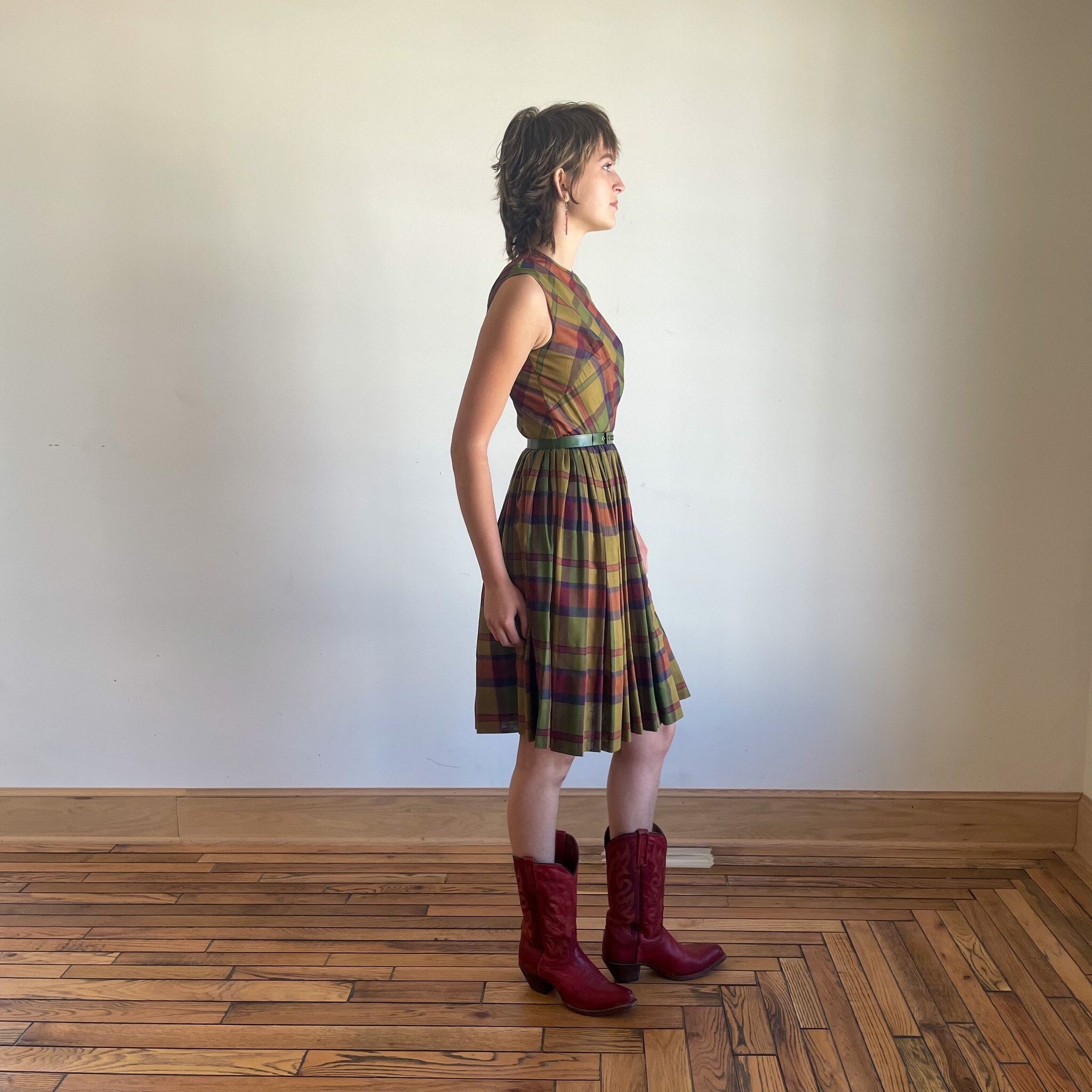 60s Fall Plaid Dress Full Skirt Fit and Flare High Neck Modest - Etsy