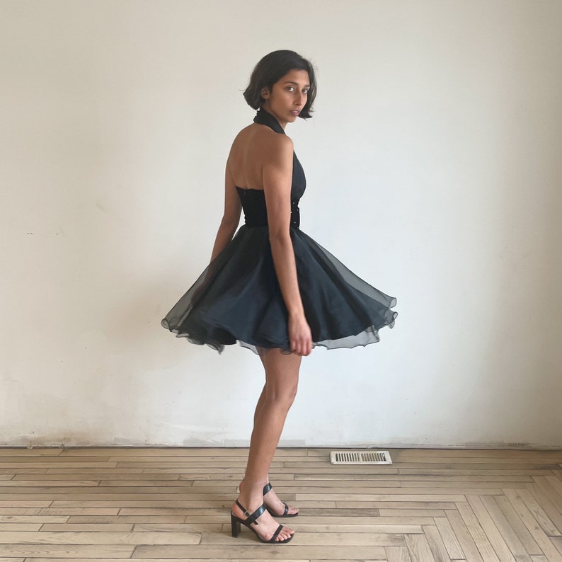 90s Black Velvet Halter Dress – Rhinestone Organza Party Mini - Etsy
