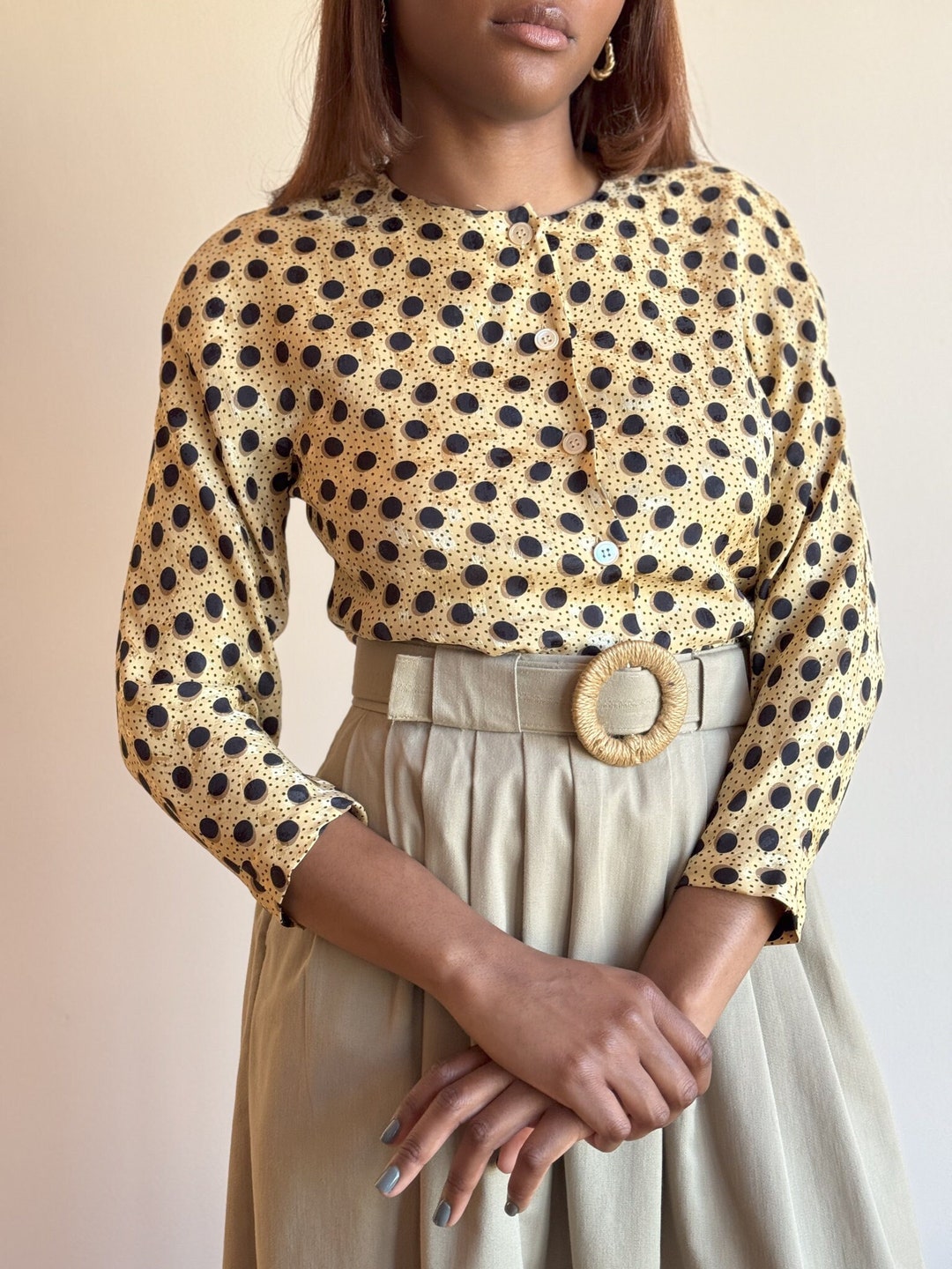 Camicetta vintage anni '90 in seta astratta a pois / Blazer con maniche ...