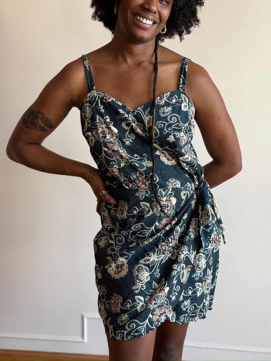 90s Janine Brooke Green Floral Abstract Mini Dress Wrap Dress With Side ...
