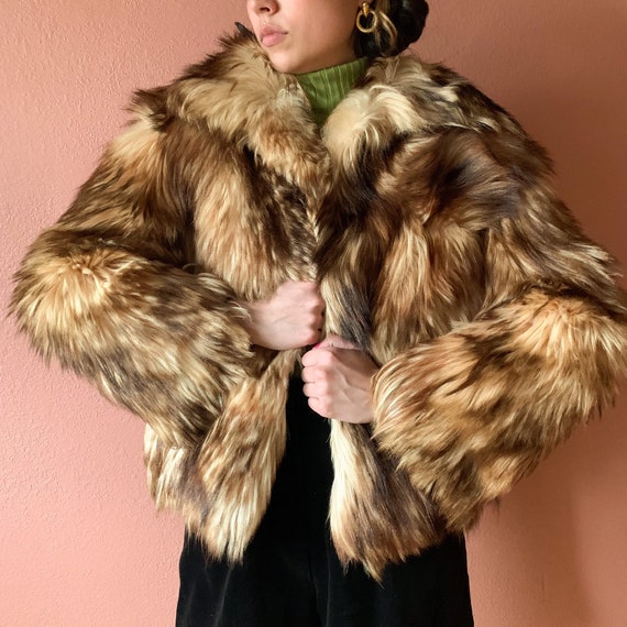 70s Kid Fur Coat Goat Real Fur Jacket Brown Tan State… - Gem