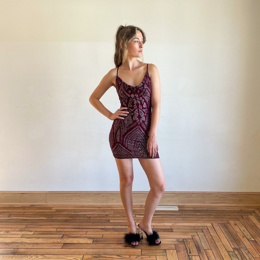 90s Mini Dress Burgundy Red Bodycon Party Dress Cowl Neck Spaghetti ...