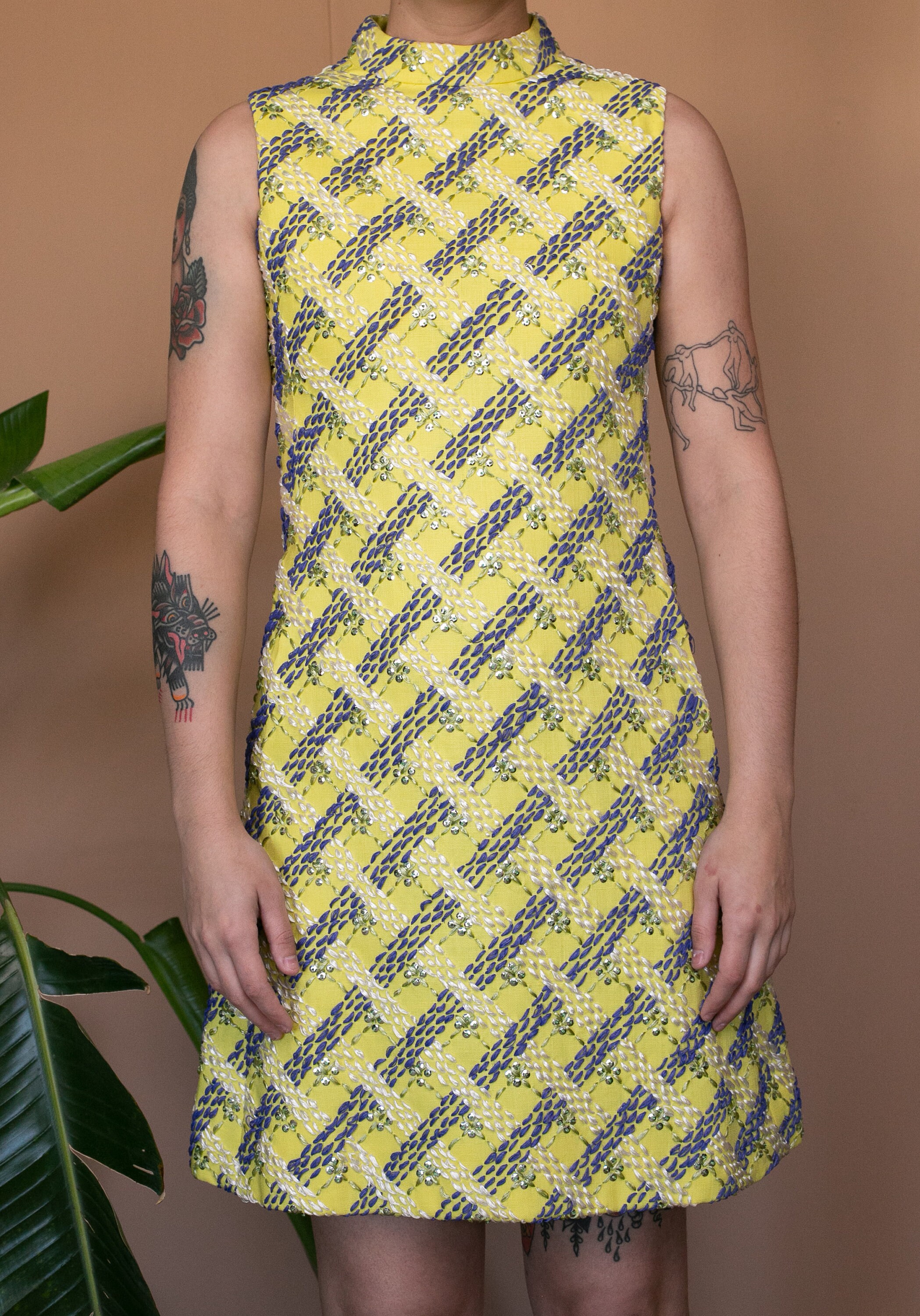 60s Woven Mod Mini Dress Yellow Blue Glam Glitter Metallic | Etsy