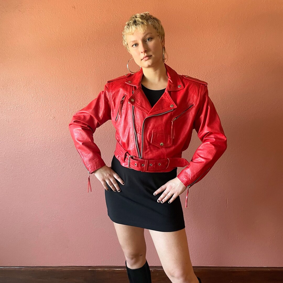80s Bright Red Leather Jacket Crop Coat Belt Asymmetrical - Etsy