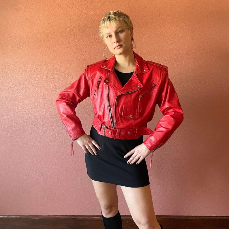 80s Bright Red Leather Jacket Crop Coat Belt Asymmetrical - Etsy