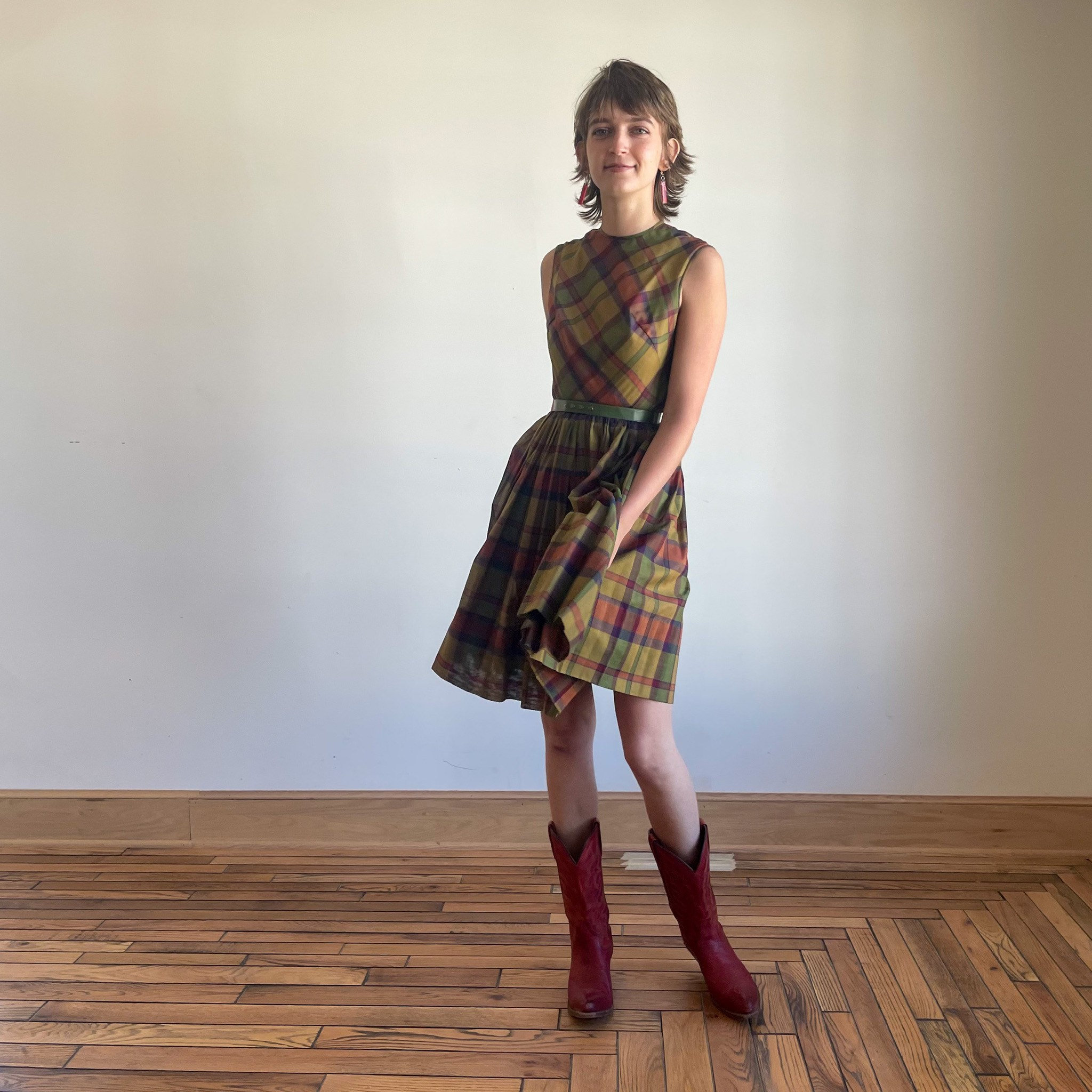 60s Fall Plaid Dress Full Skirt Fit and Flare High Neck Modest - Etsy