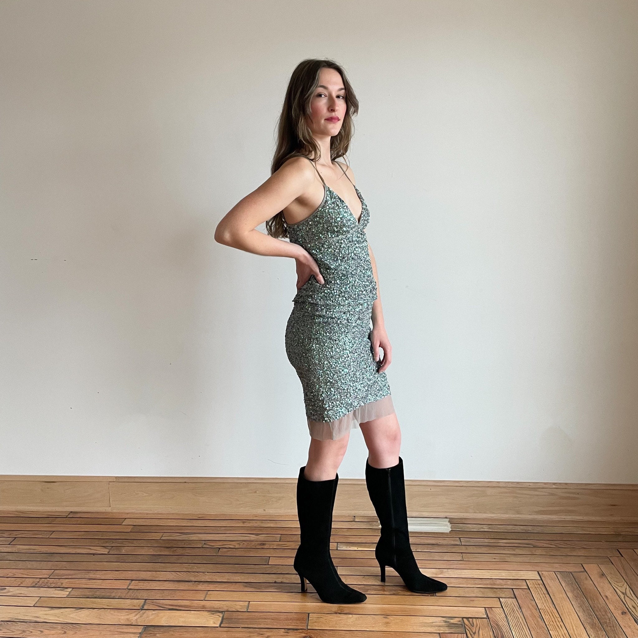 90s Sequin Matching Set Skirt Cami Top Spaghetti Strap Teal - Etsy