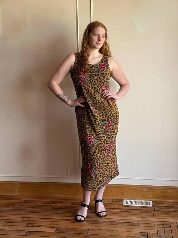 90s Leopard Print Midi Dress – Y2K Red Rose Floral, S… - Gem