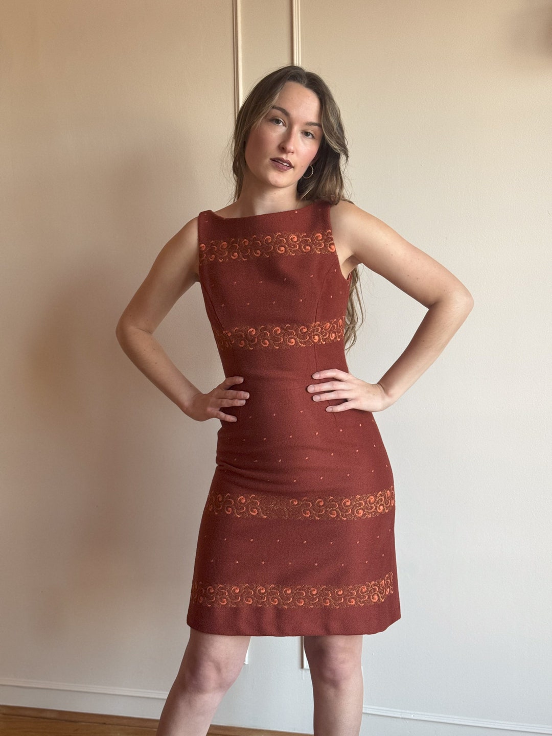 90s Does 60s Rust Wool Shift by Tocca Metallic Gold Filigree ...