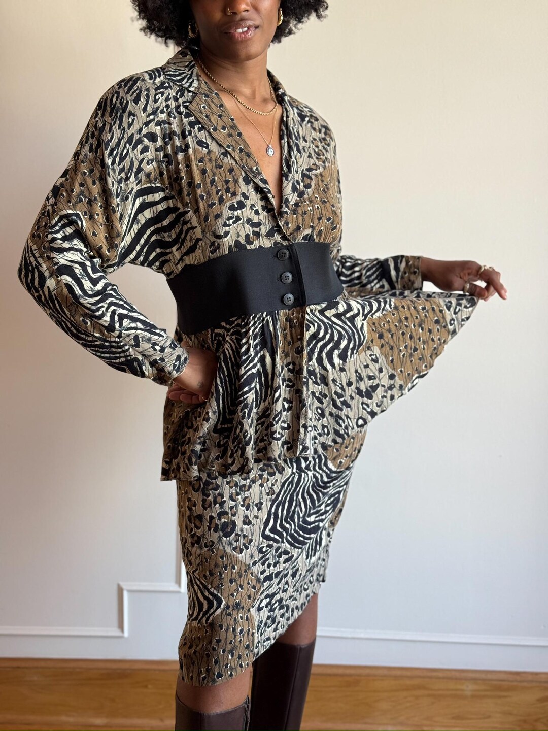 80s Calles New York Paris Animal Print Dolman Peplum Top & Straight ...