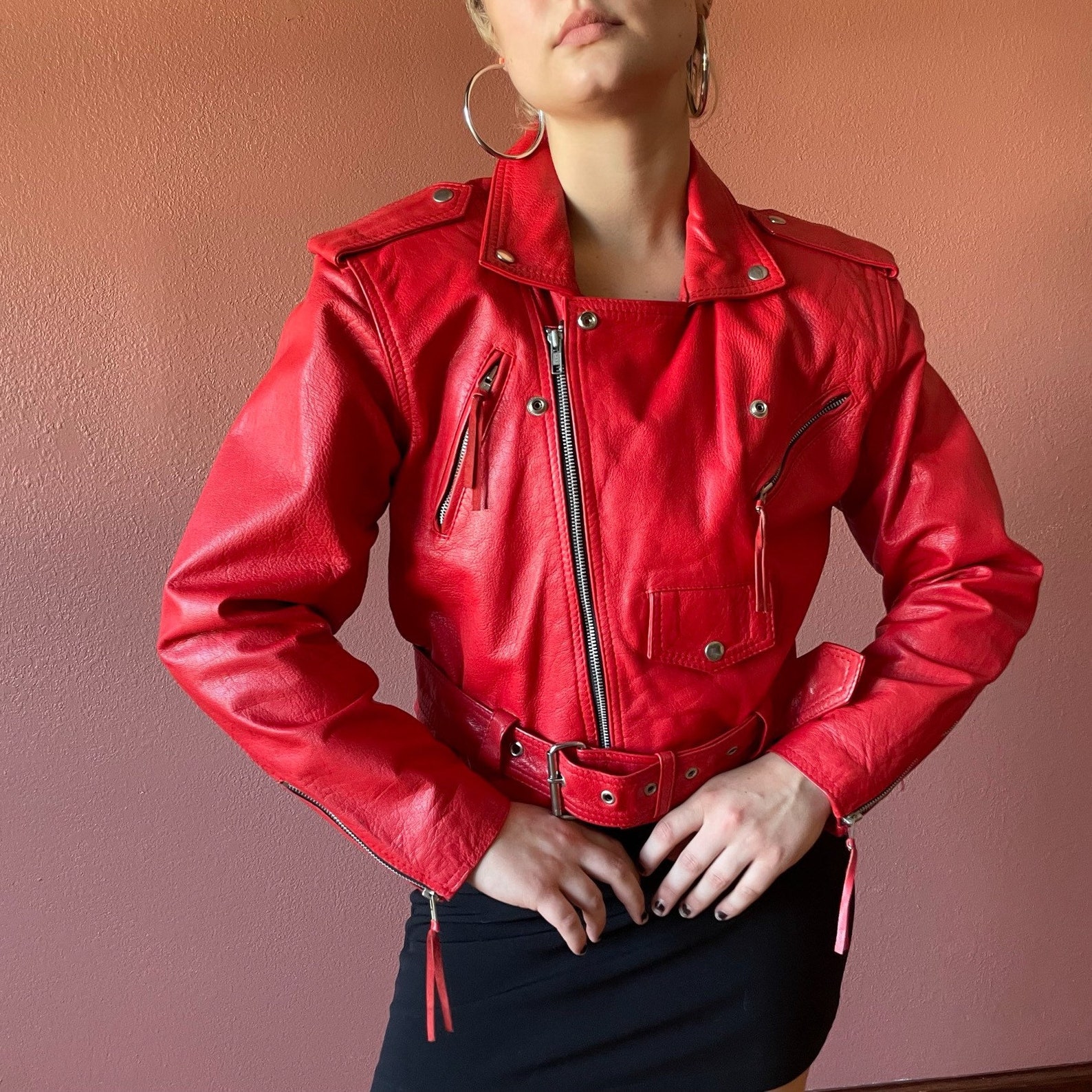80s Bright Red Leather Jacket Crop Coat Belt Asymmetrical - Etsy
