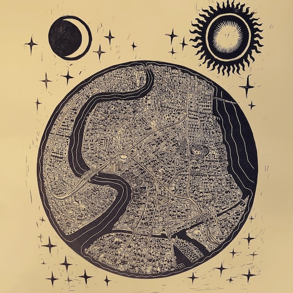 Linocut map of New Orleans | Etsy