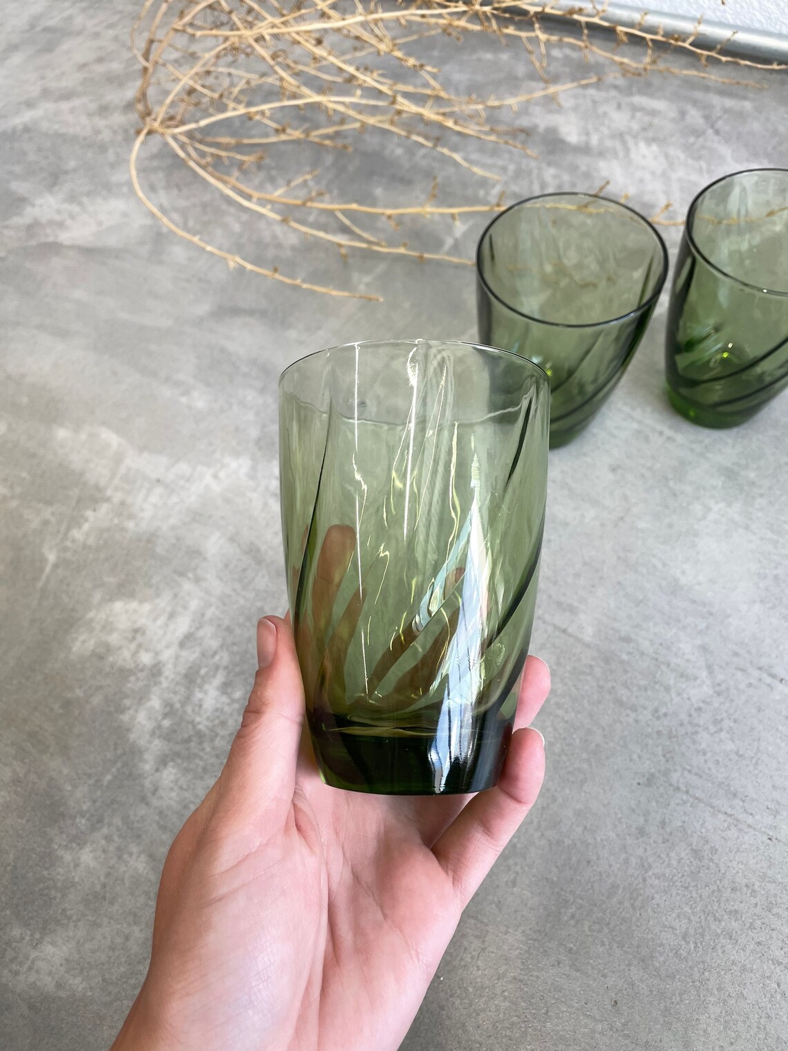 Tall Green Swirl Glassware Set of 4 | Vintage Green High Ball Glasses ...