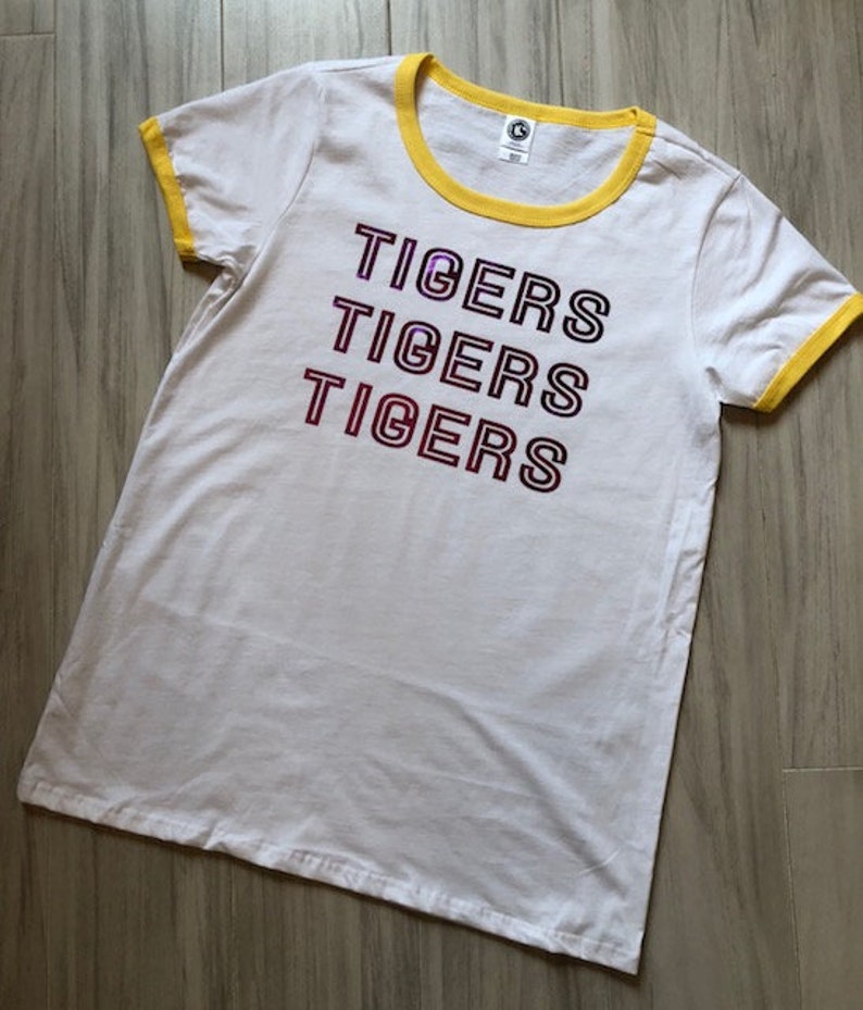 Ladies short sleeve white and gold ringer top with purple foil | Etsy