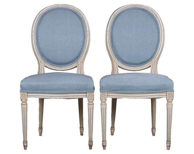 Antique French Louis XVI Style Painted Side Chairs W/ Light Blue Linen ...