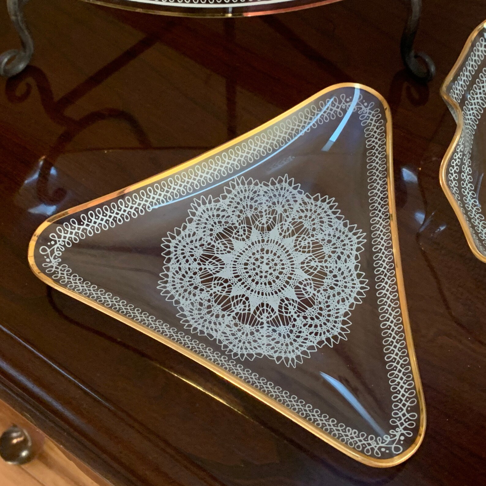 Vintage GERMAN Crystal Platters Gold Gilt White Lace Etch | Etsy