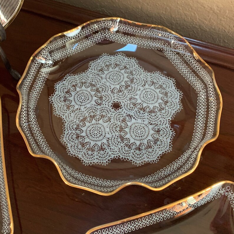 Vintage GERMAN Crystal Platters Gold Gilt White Lace Etch | Etsy