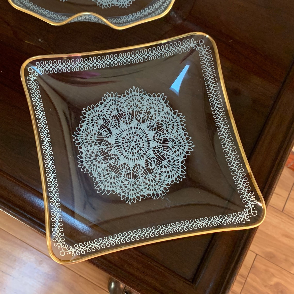 Vintage GERMAN Crystal Platters Gold Gilt White Lace Etch | Etsy