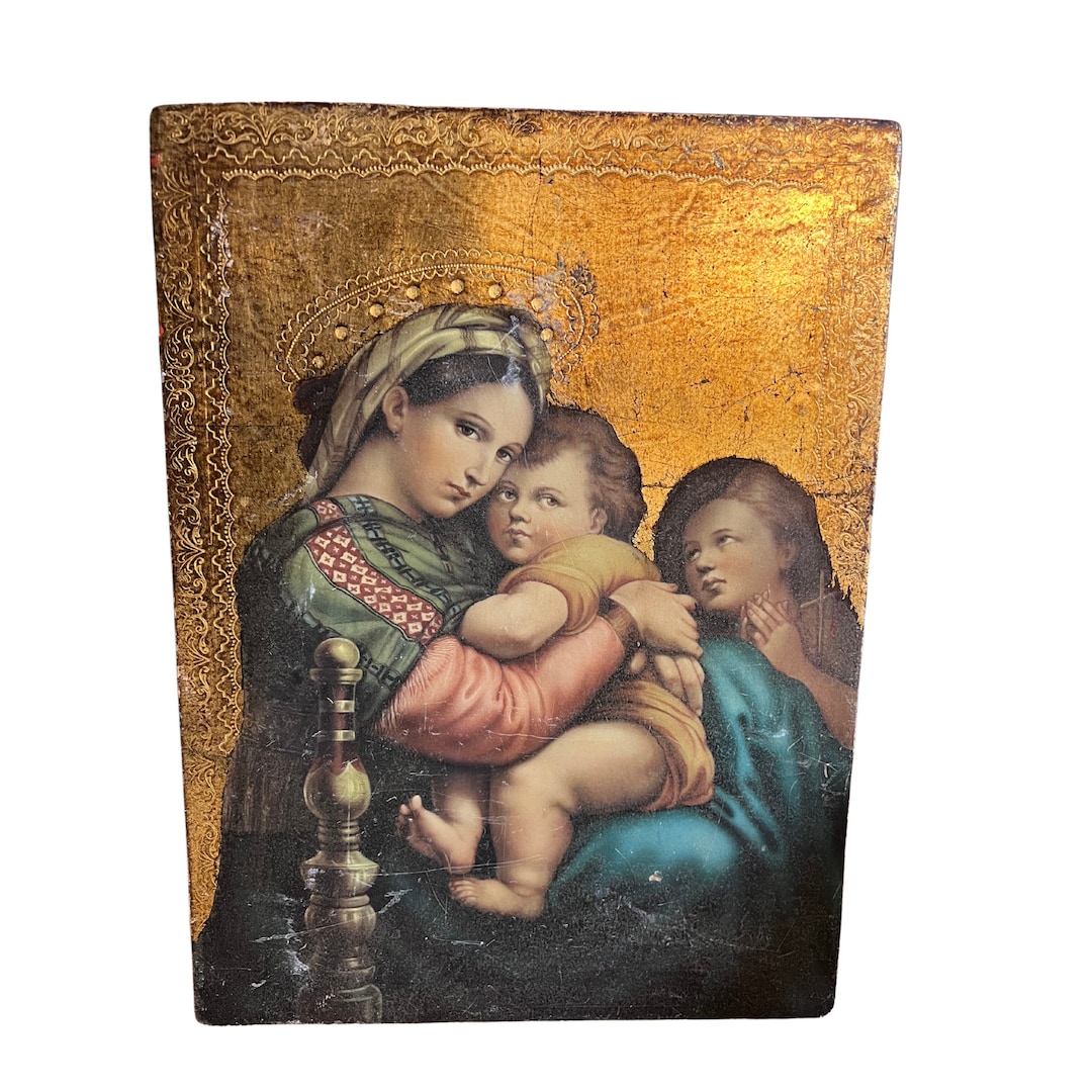 Vintage Raphael Madonna Della Seggiola, Madonna of the Chair, Wood Wall ...